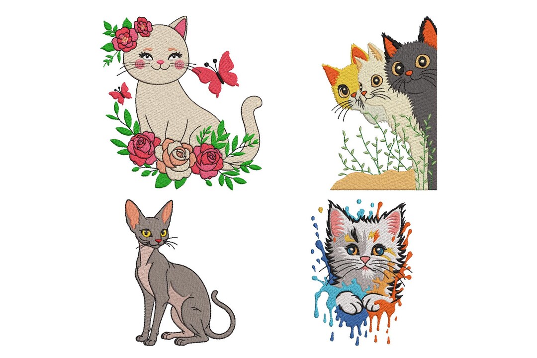 4 Cute Cats Embroidery Design, Cats Machine Embroidery Design, Cats ...
