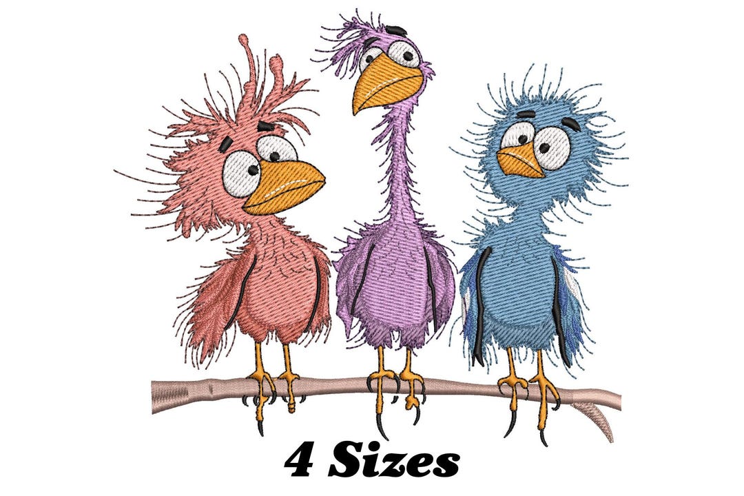 Funny Whimsical Birds Embroidery Design, Cute Birds Machine Embroidery ...
