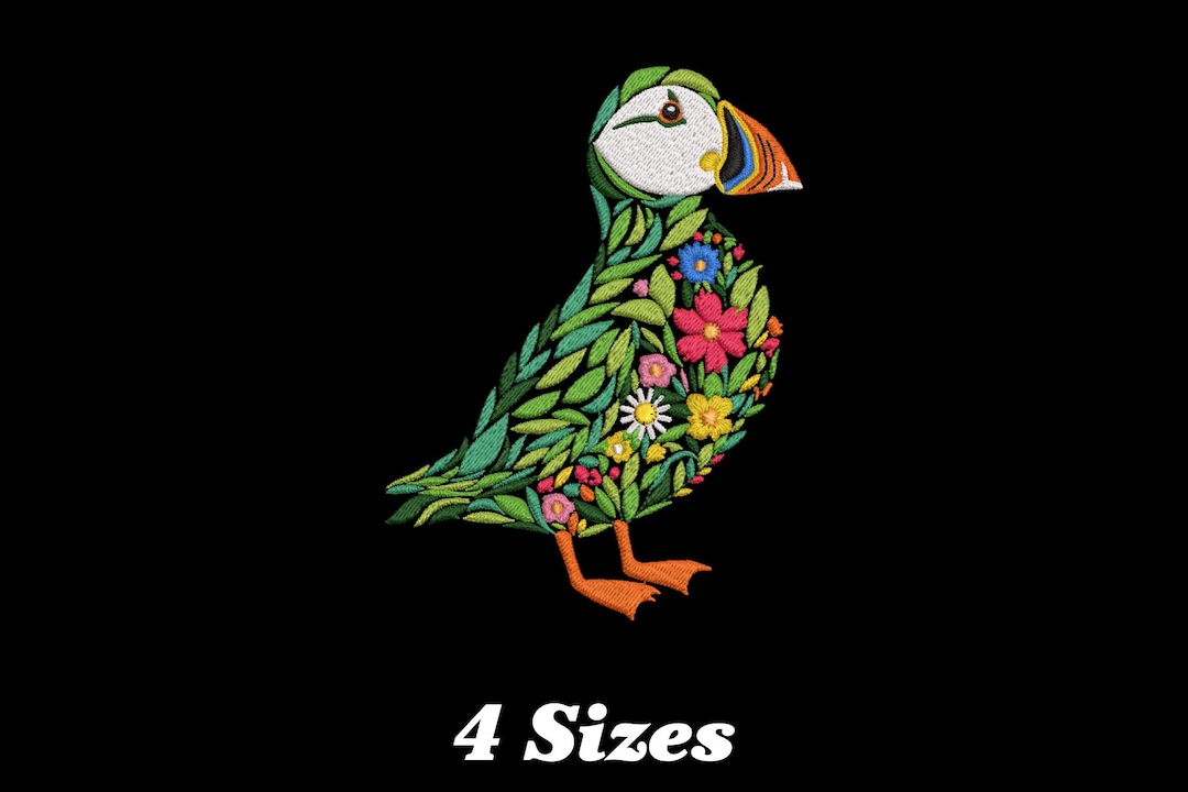 Floral Puffin Embroidery Design, Puffin Machine Embroidery Design ...
