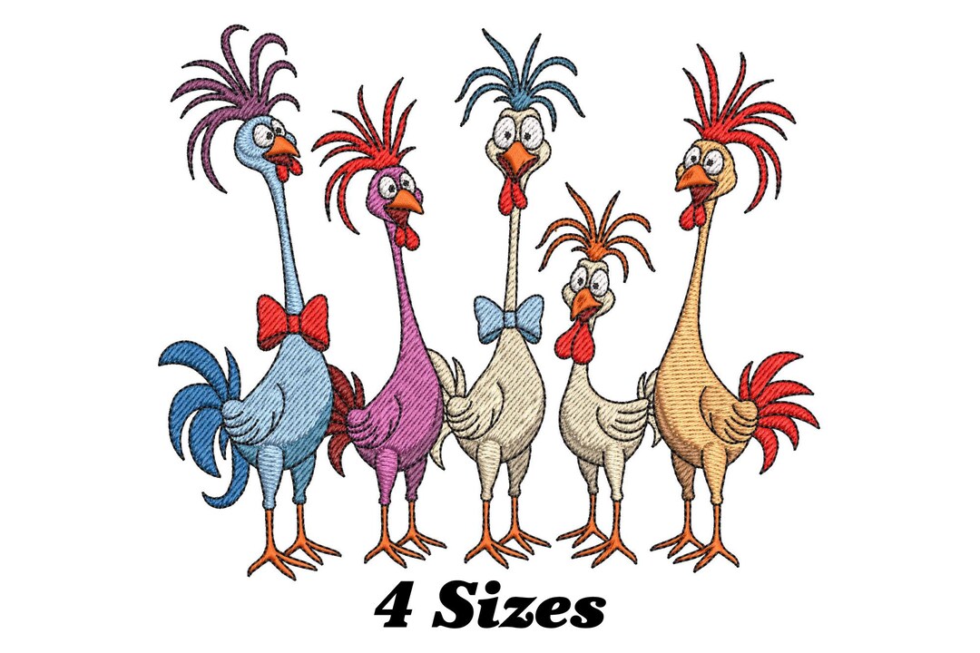 Funny Crazy Chickens Embroidery Design: Colorful Whimsical Pattern ...
