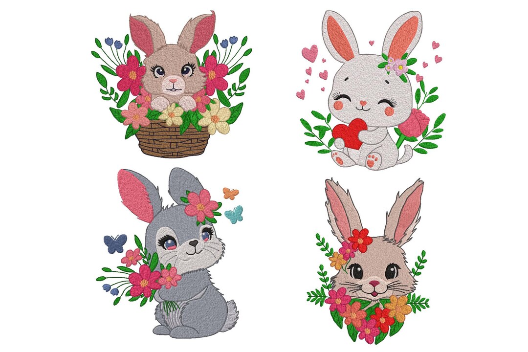 4 Cute Rabbit Embroidery Designs, Bundle Floral Rabbit Machine ...