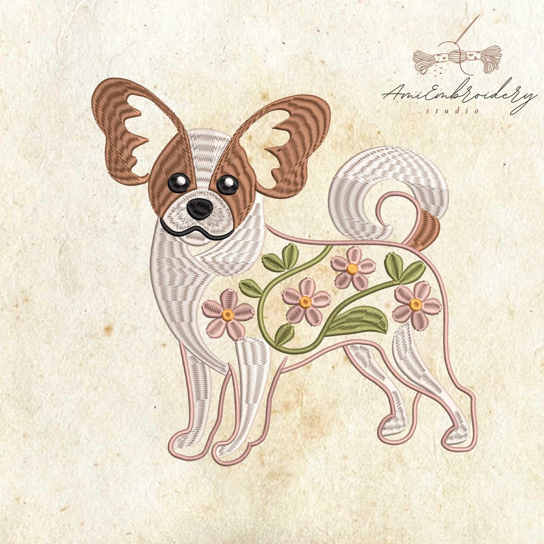 Floral Papillon Embroidery Design, Flower Dog Embroidery File, Floral ...