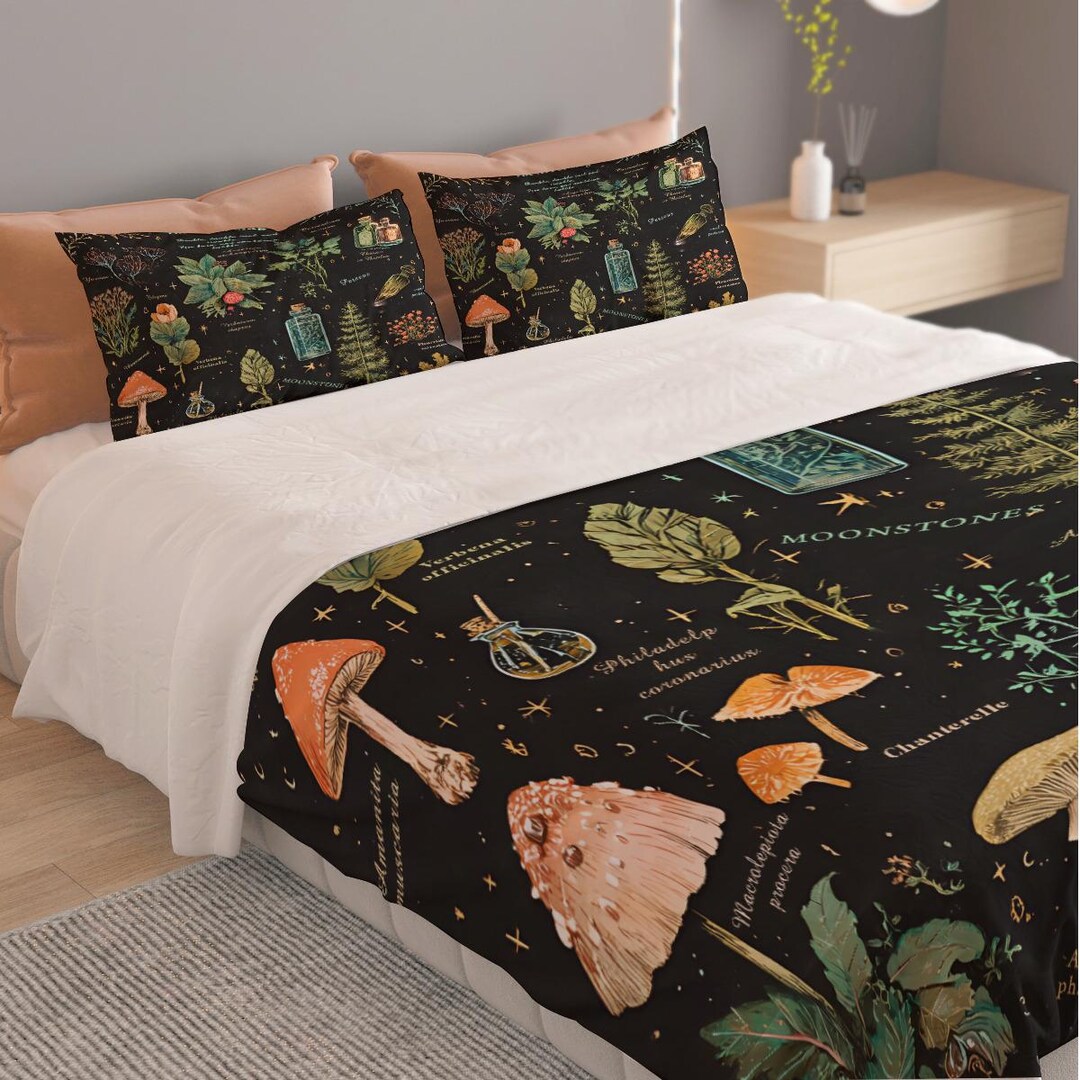 Dark Green Witch Herbs Duvet Cover Set, Gothic Botanical Bedding ...