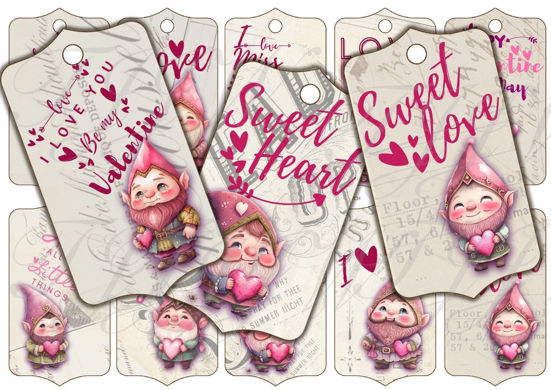 Valentine Gnomes Tags Vintage, Printable, Digital Ephemera, Digital ...