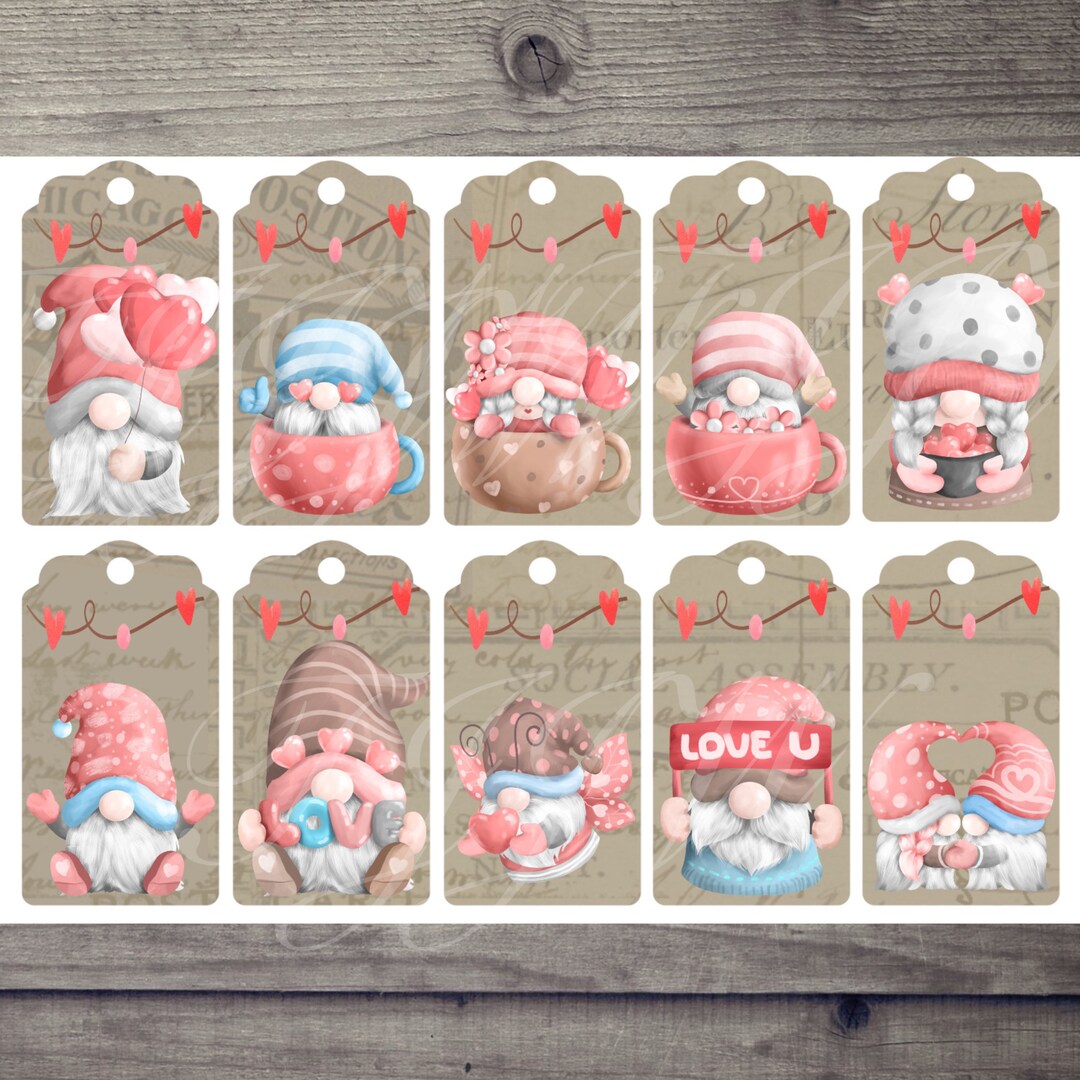 Valentine Gnomes Tags Vintage, Printable, Digital Ephemera, Digital ...