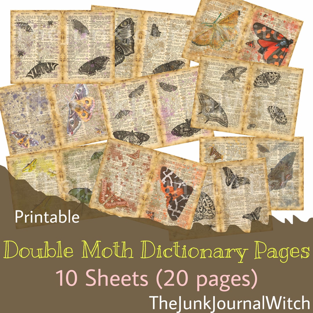 Moth Dictionary Pages Printable, Black and White and Color, Ephemera ...