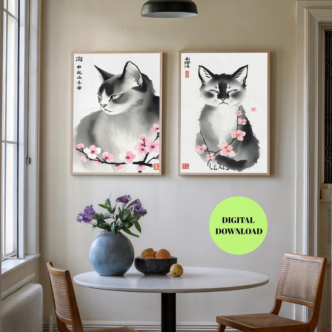 Japanese Cat Wall Art Set – Sumi-e Style Black Cat Portraits With ...