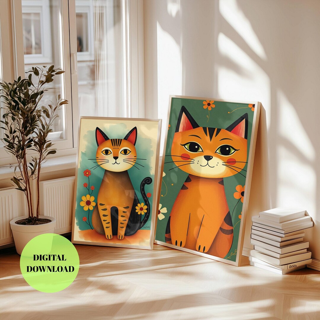 Floral Cat Wall Art – Cute Cat Print Set – Whimsical Cat Posters for ...