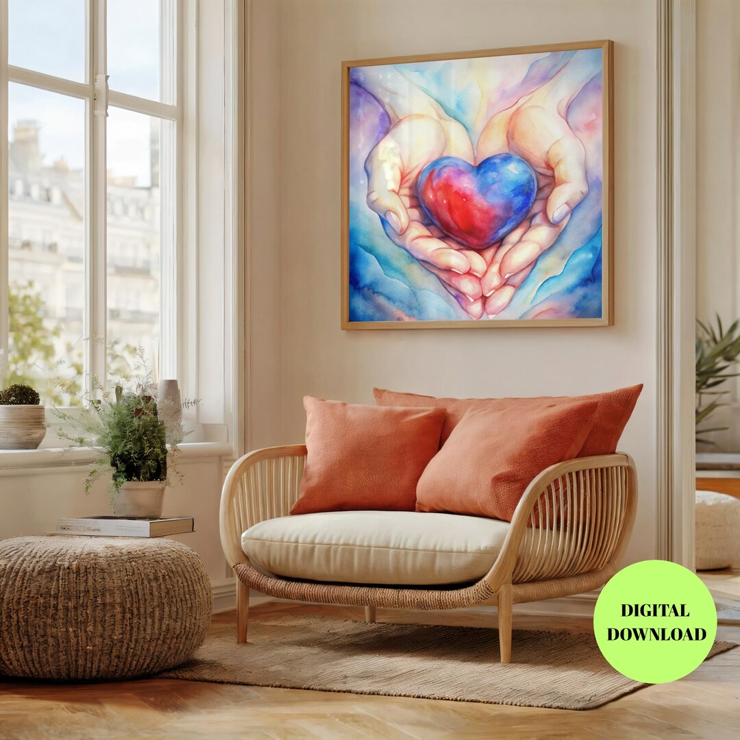 Watercolor Heart in Hands – Symbolic Love Gift for Mom, Minimalist Wall ...