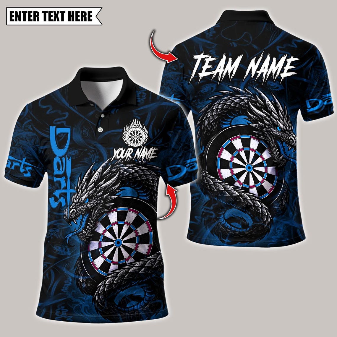 Personalized Name Dart Polo Shirt, Darts Custom Black and Blue Flame ...