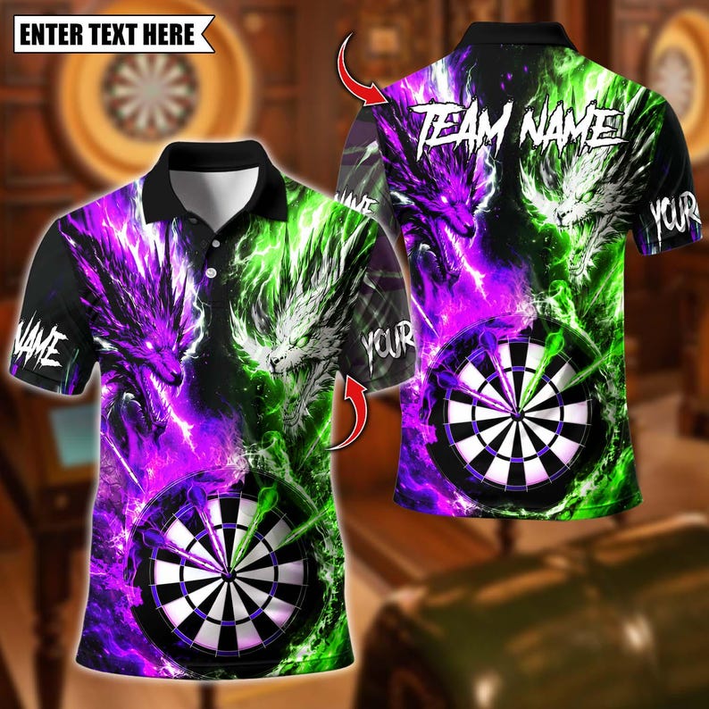 Custom Name Dart Polo Shirt, Dragon Fire Ice Darts Design, Personalized ...