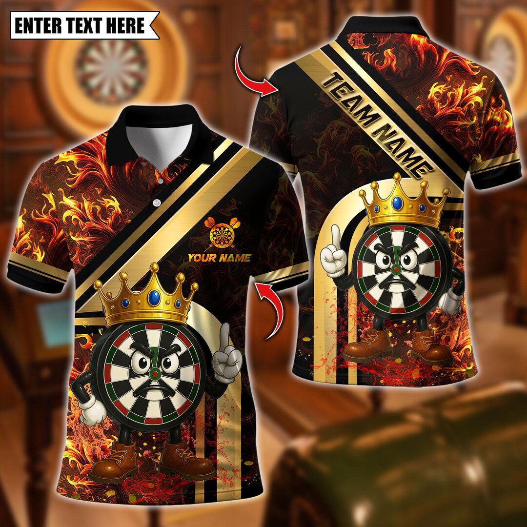 Personalized Name Dart Polo Shirt, Funny King Dartboard Flame Design ...