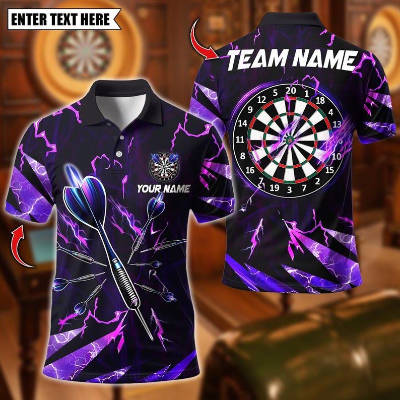 Personalized Name Dart Polo Shirt, Thunder Lightning Dartboard Design ...