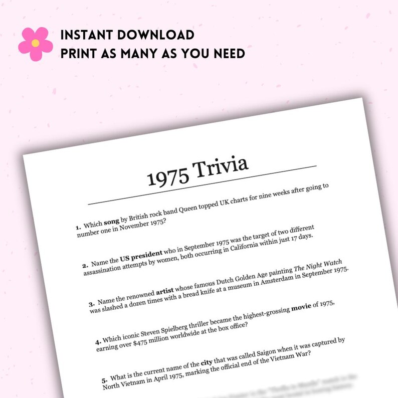 1975 Trivia Quiz | 50th Birthday Party Game | Born in 1975 | Printable ...