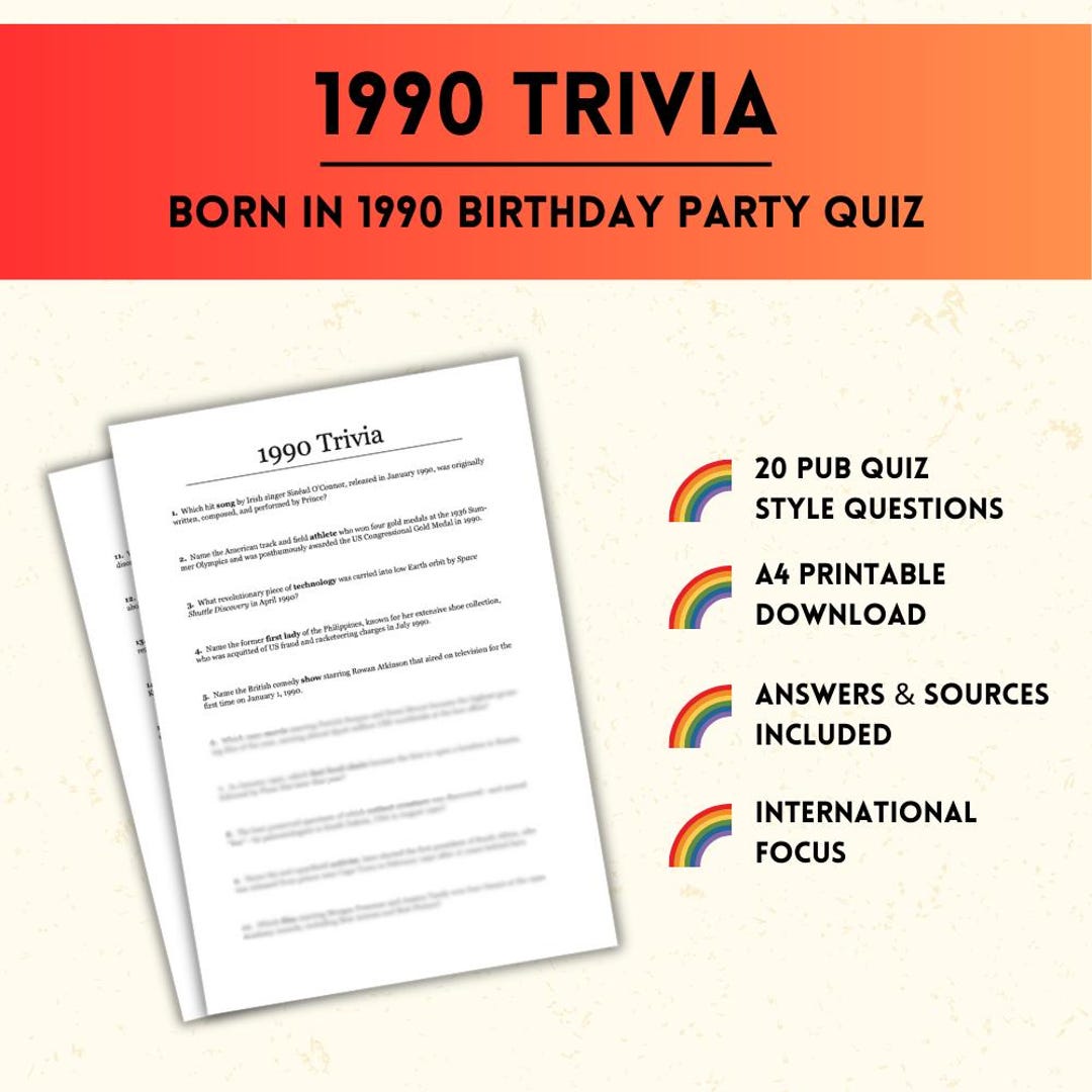 1990 Trivia Quiz | 35th Birthday Party Game | Born in 1990 | Printable ...