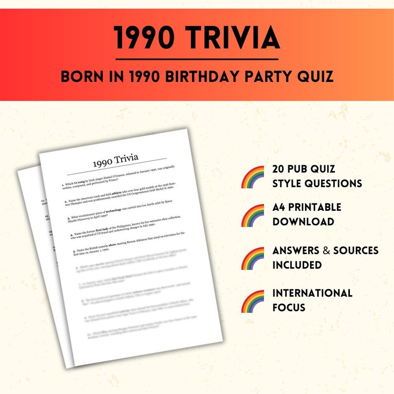 1990 Trivia Quiz | 35th Birthday Party Game | Born in 1990 | Printable ...