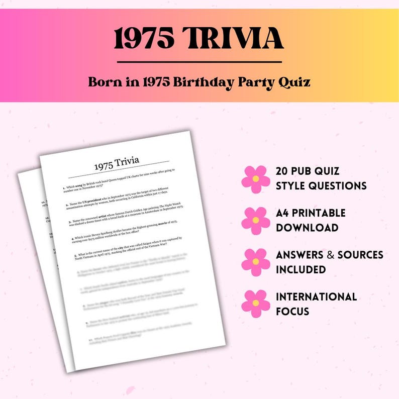 1975 Trivia Quiz | 50th Birthday Party Game | Born in 1975 | Printable ...