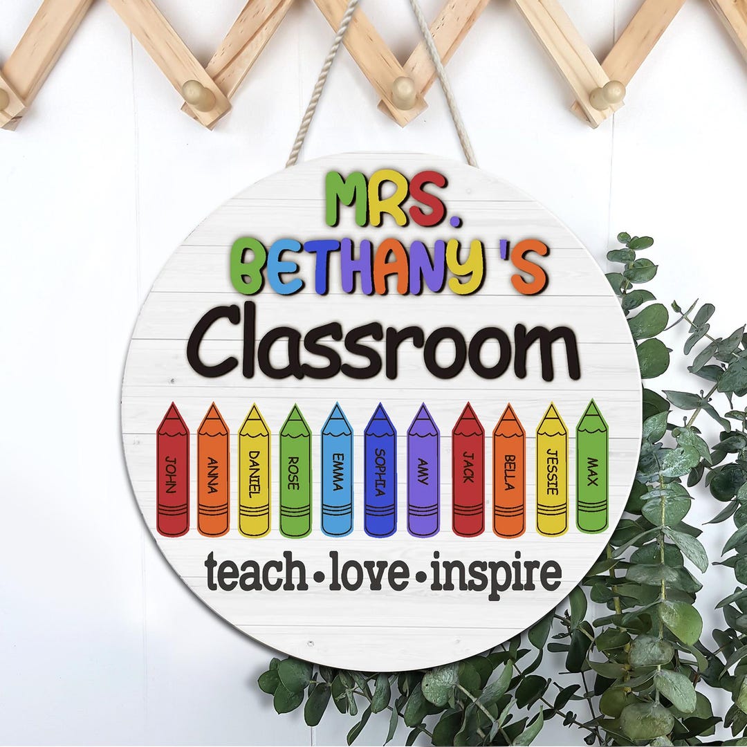 Custom Teacher Door Sign, Crayons Classroom Wooden Sign, Personalized ...