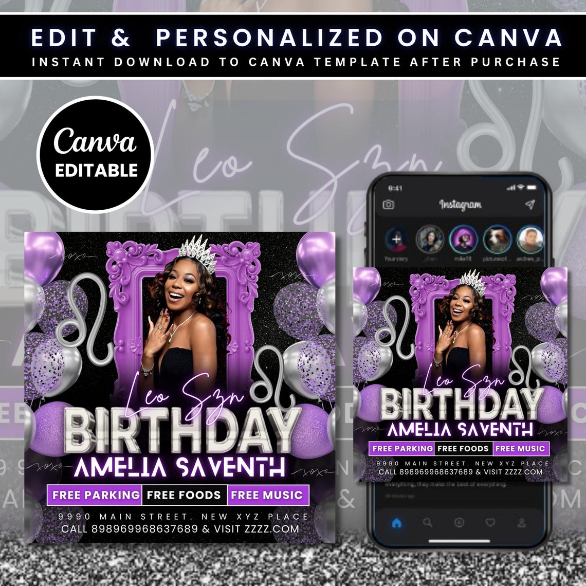 Editable Leo Birthday Party Flyer: Gold Zodiac Canva Template (digital ...
