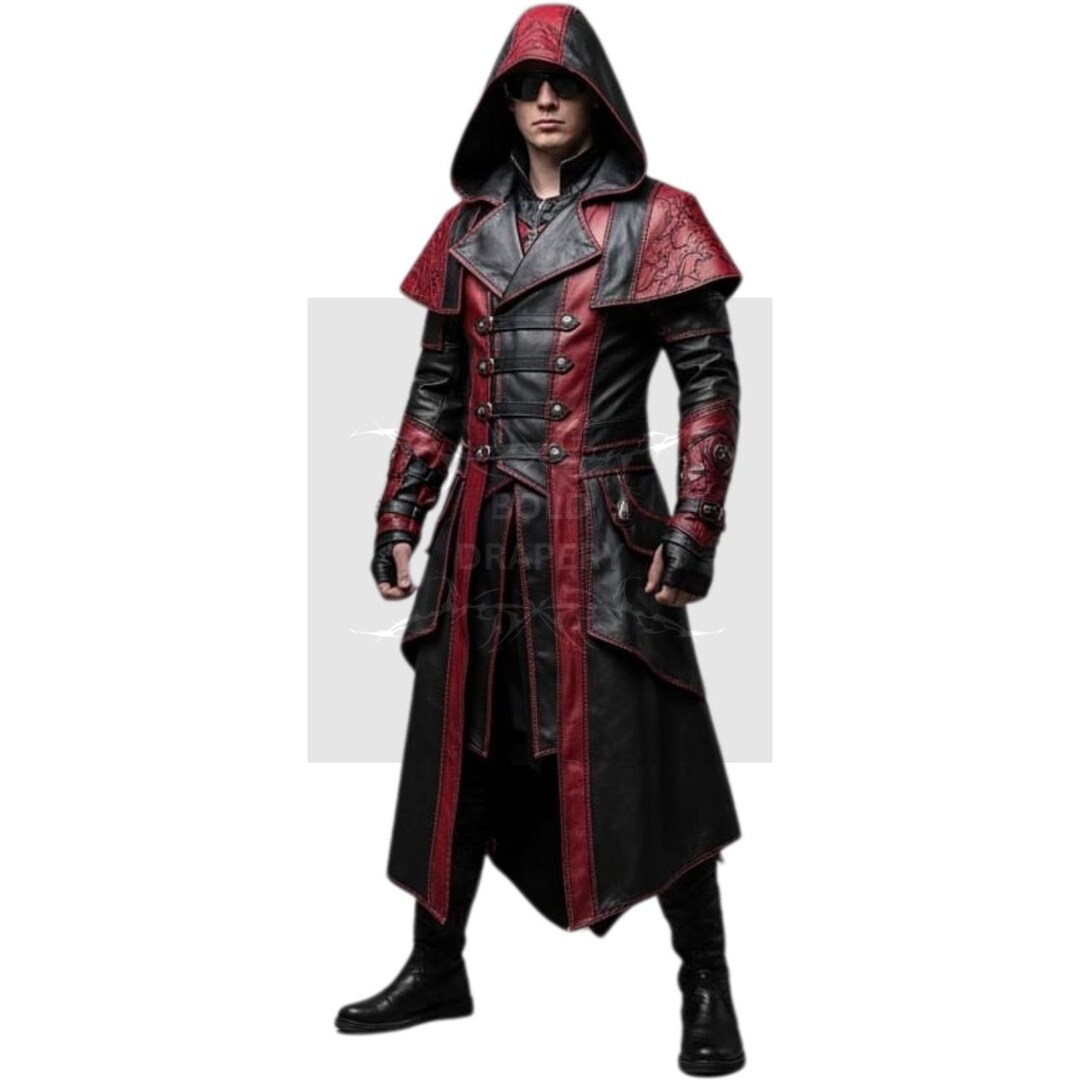 Fantasy Stealth Warrior Coat – Red Trim Leather Hooded Costume - Etsy