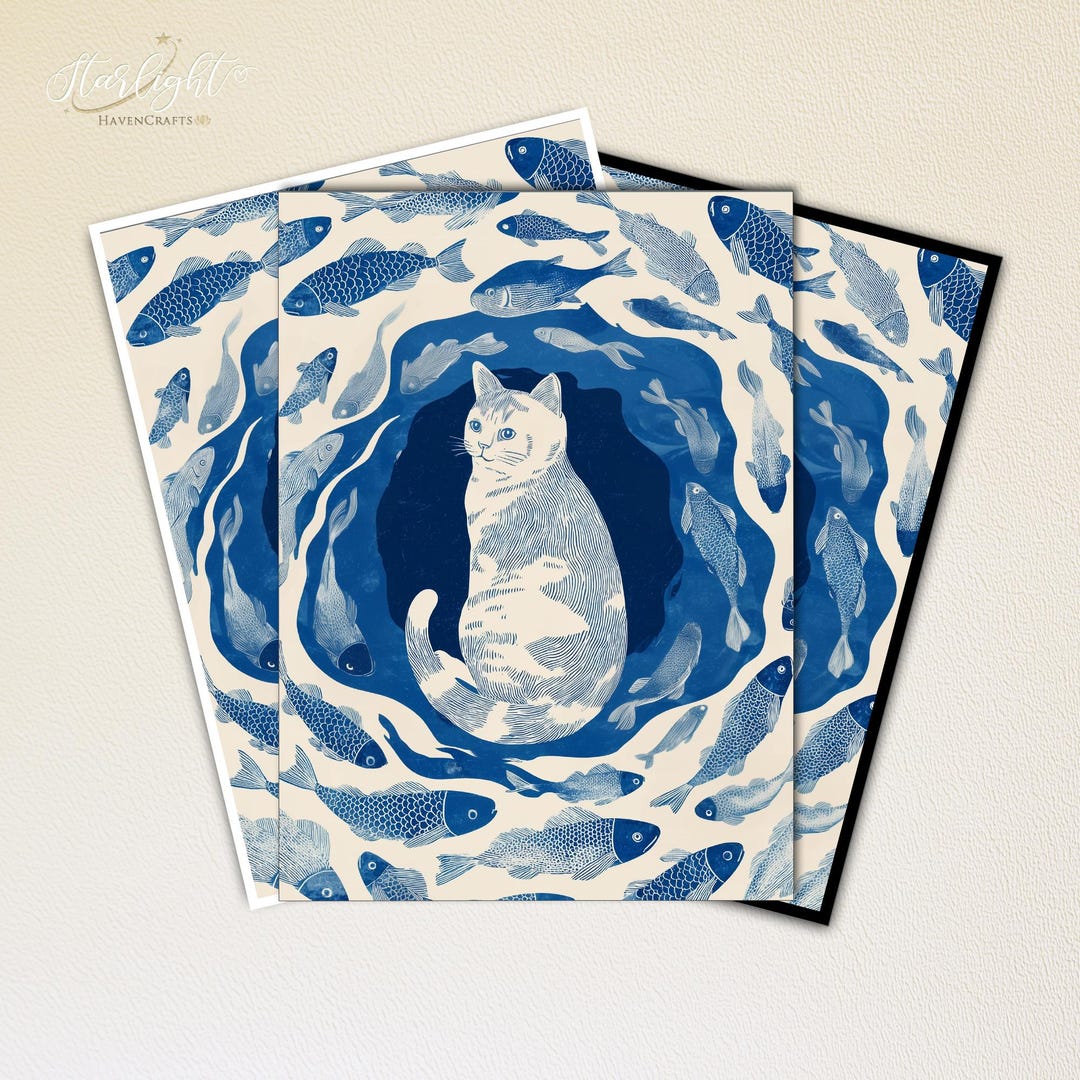 Retro Printmaking Style-cat and Fish Tcg | Mtg Card Sleeves, MTG ...