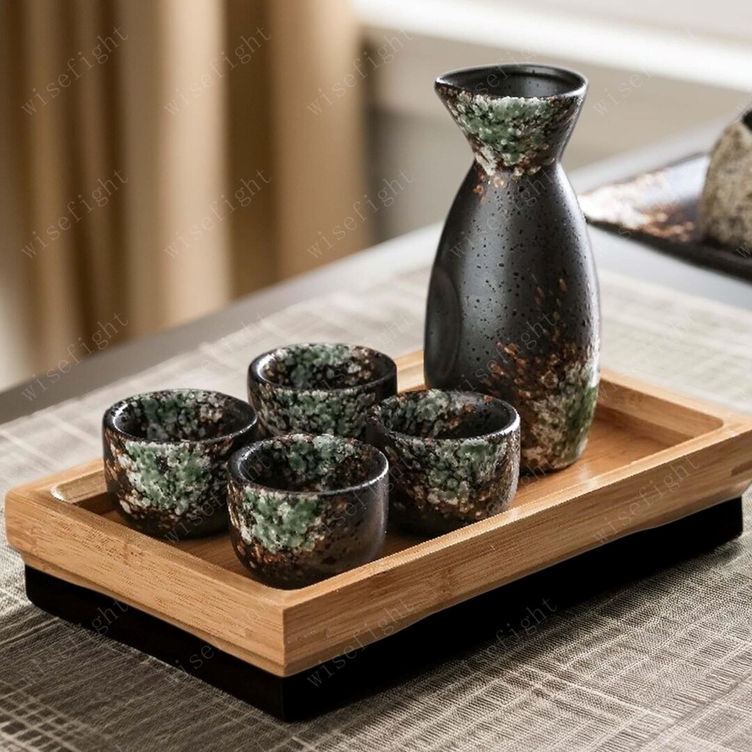 Elegant Japanese Sake Set, Black Japanese Ceramic Serving Cups, Retro ...