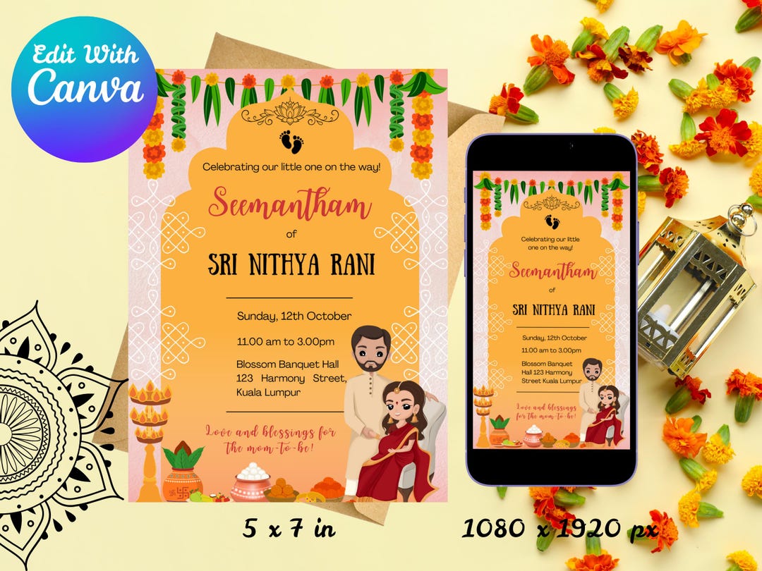 Orange Seemantham Invitation | Indian Baby Shower, Bangle Ceremony ...