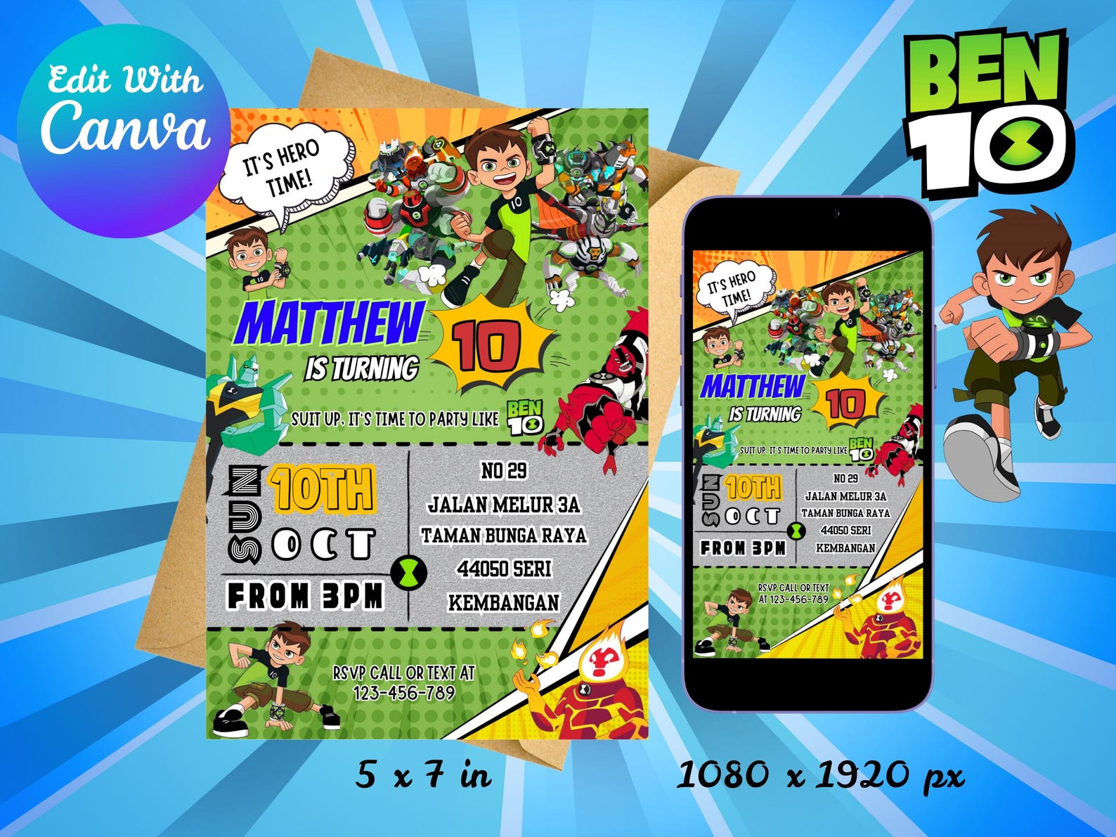 Ben 10 Birthday Invitation | Digital Editable Party Invite | Green ...