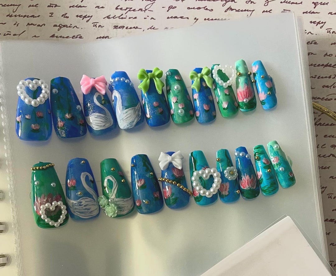 PRESS ON NAILS Monet's Water Lily Handmade Artistic Nails Nail Art ...