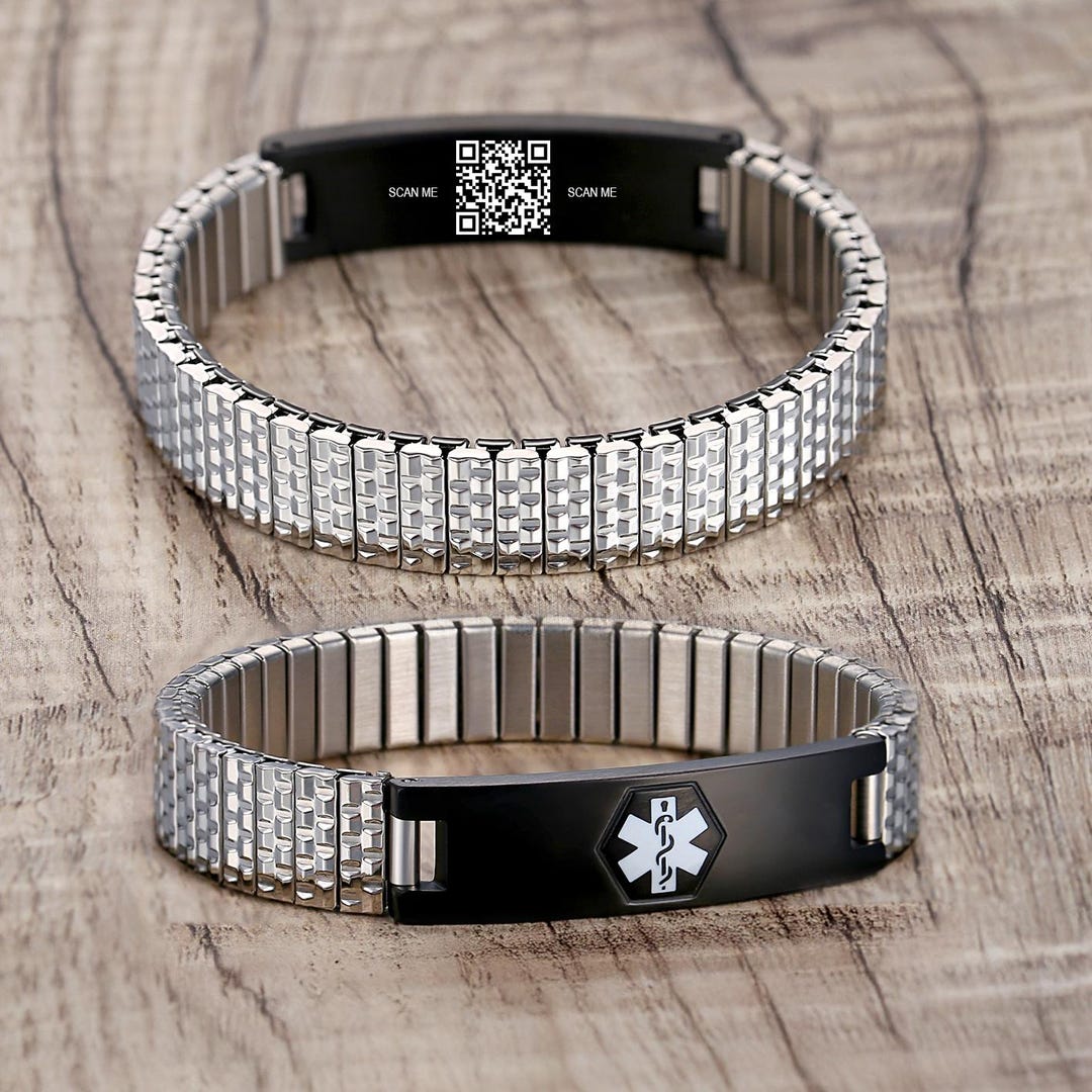 Personalized QR Code Medical ID Bracelet, Stainless Steel Stretch Band ...