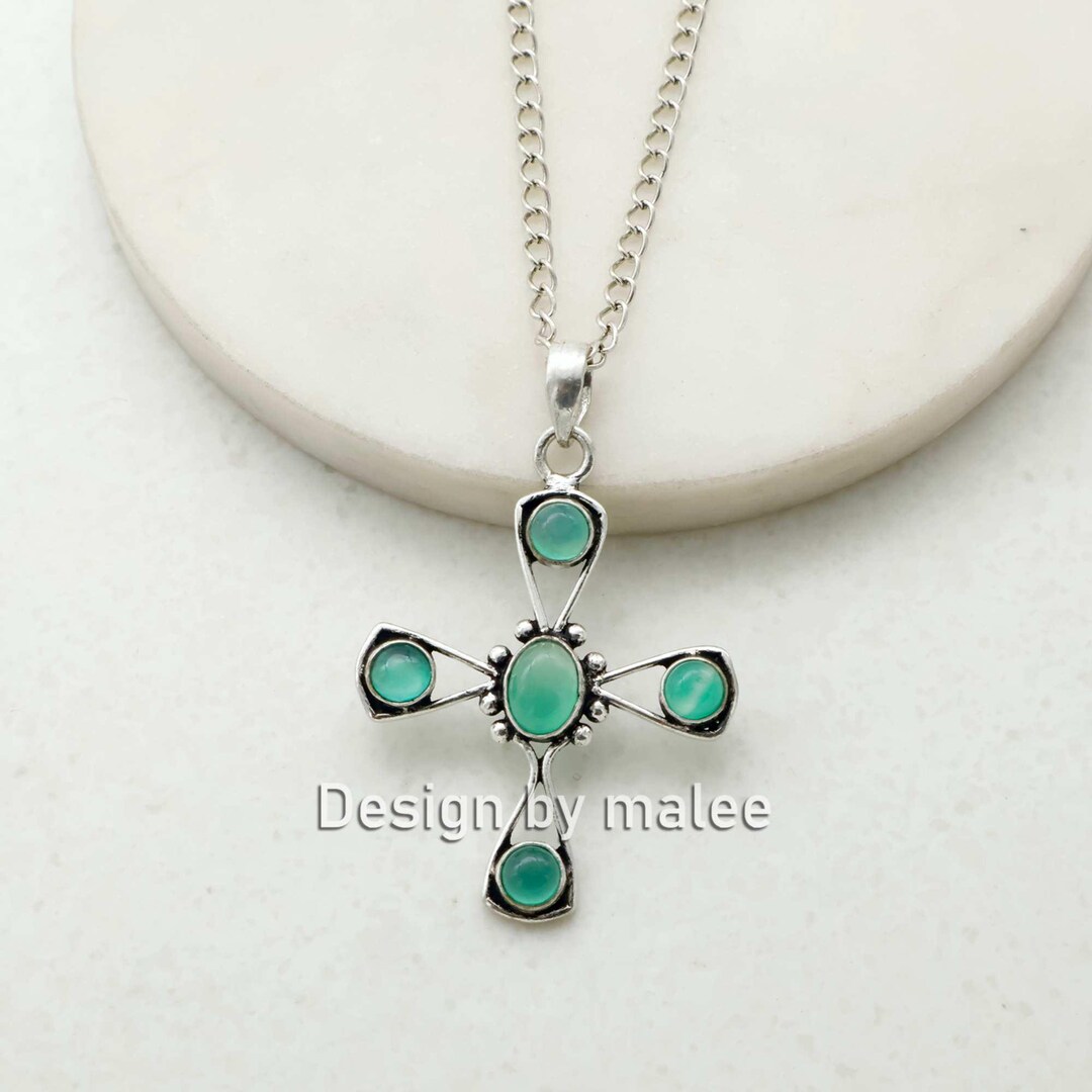 Green Gemstone Cross Pendant, Vintage Boho Cross Necklace, Silver ...