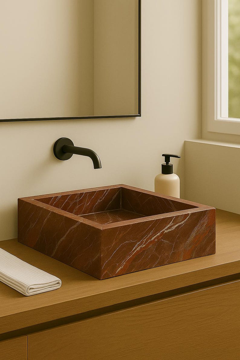 Handcrafted Rosso Levanto Marble Vessel Sink: Red Zebra Square ...