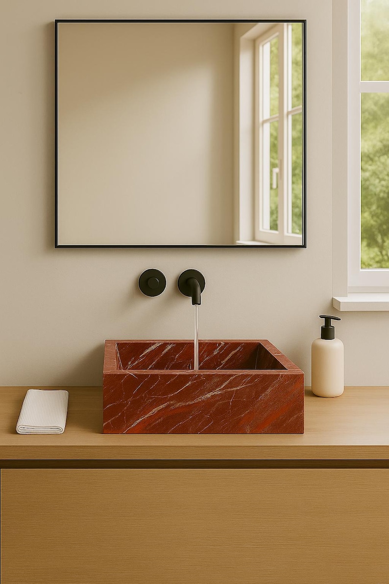 Handcrafted Rosso Levanto Marble Vessel Sink: Red Zebra Square ...