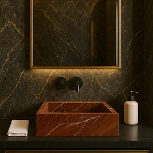 Handcrafted Rosso Levanto Marble Vessel Sink: Red Zebra Square ...