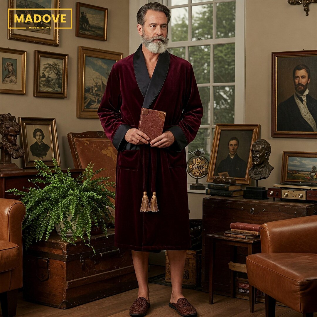Men's Burgundy Velvet Smoking Jacket With Robe Gold Trim | Tassel Belt ...