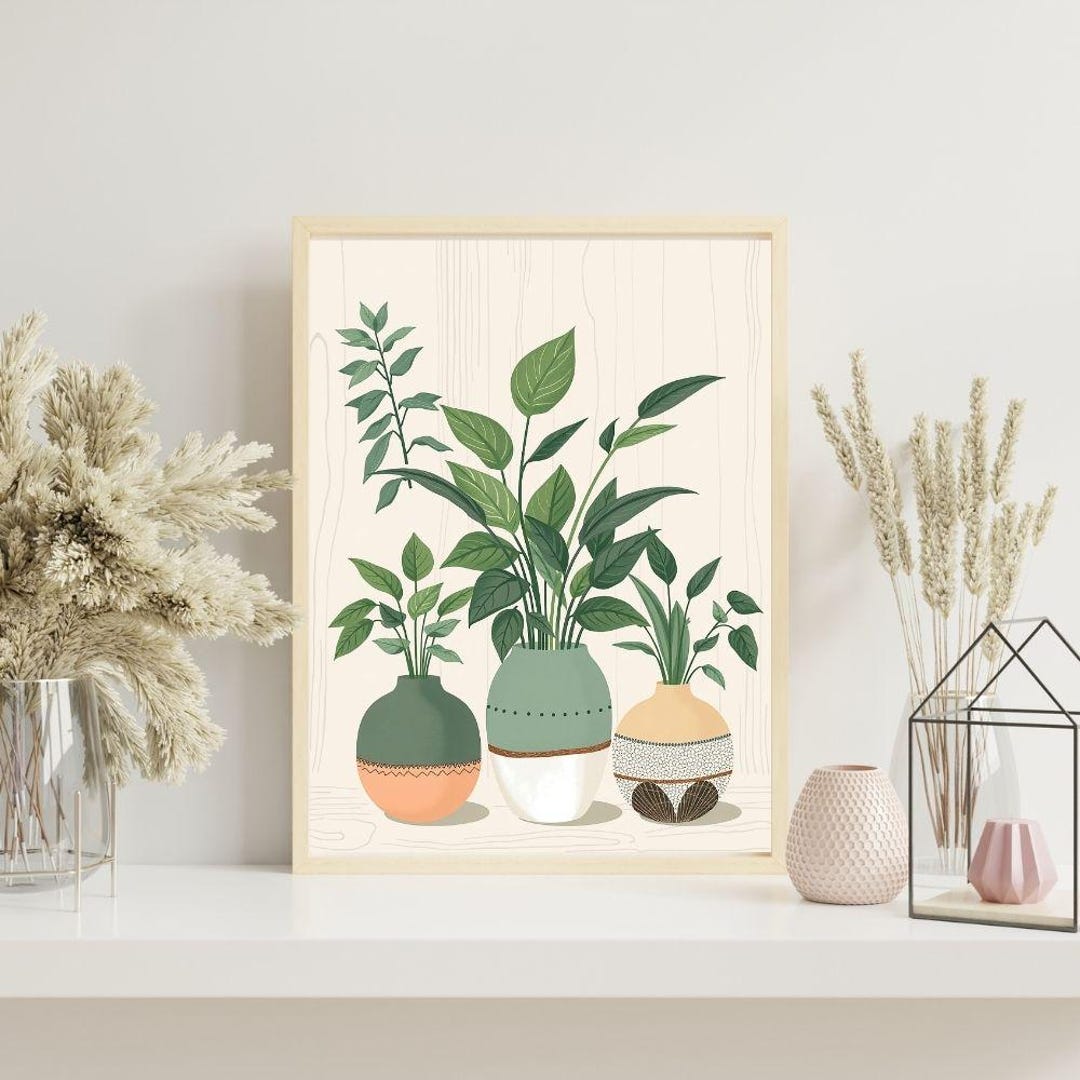 Boho Potted Plants Art Print - Modern Botanical Poster, Houseplants ...