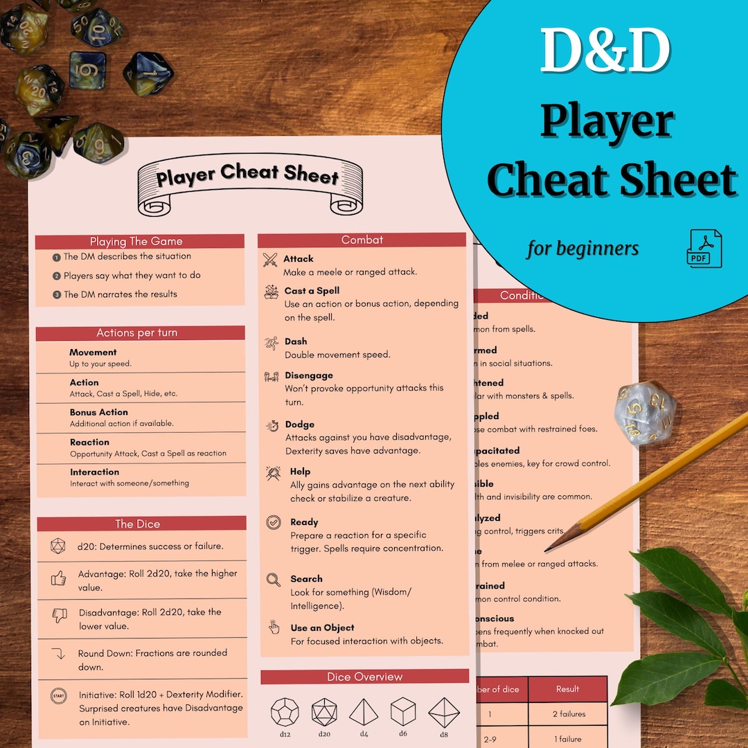D&D 5e Beginner Cheat Sheet | Printable Dnd Quick Reference Guide ...