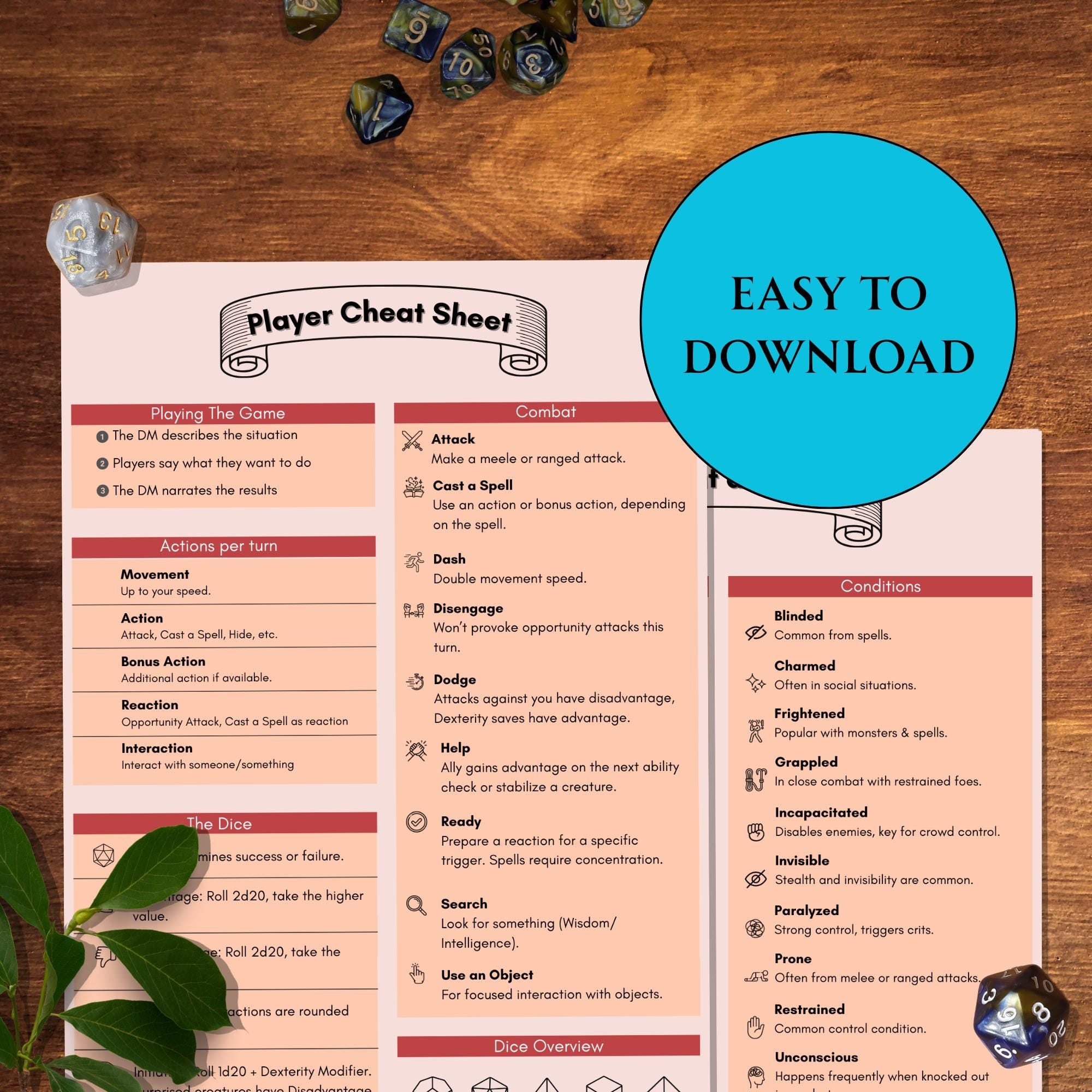 D&D 5e Beginner Cheat Sheet | Printable Dnd 5e Player Quick Reference ...
