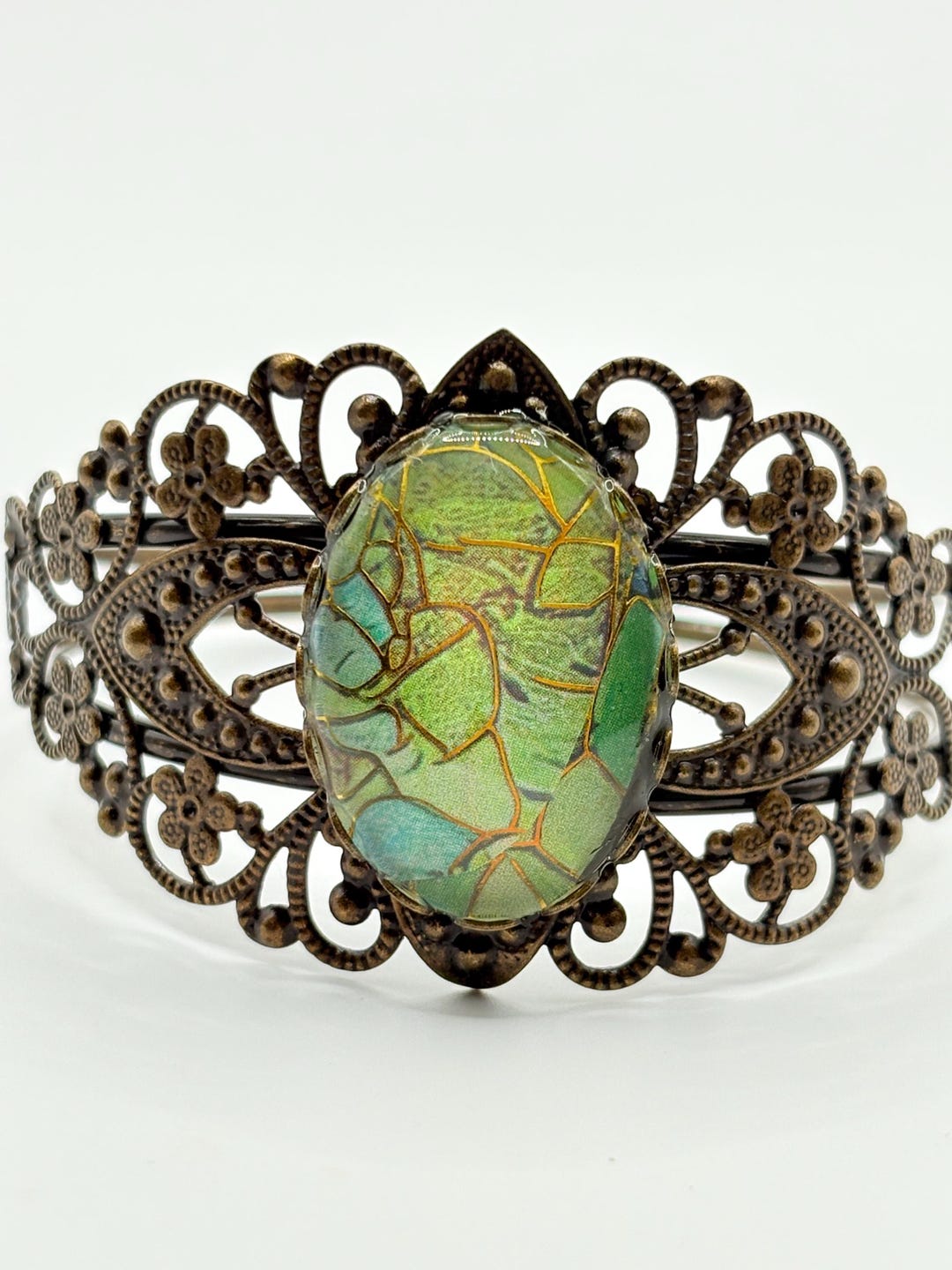 Green Filigree Cuff Bracelet – Fairycore Witch Jewelry | Antique Brass ...