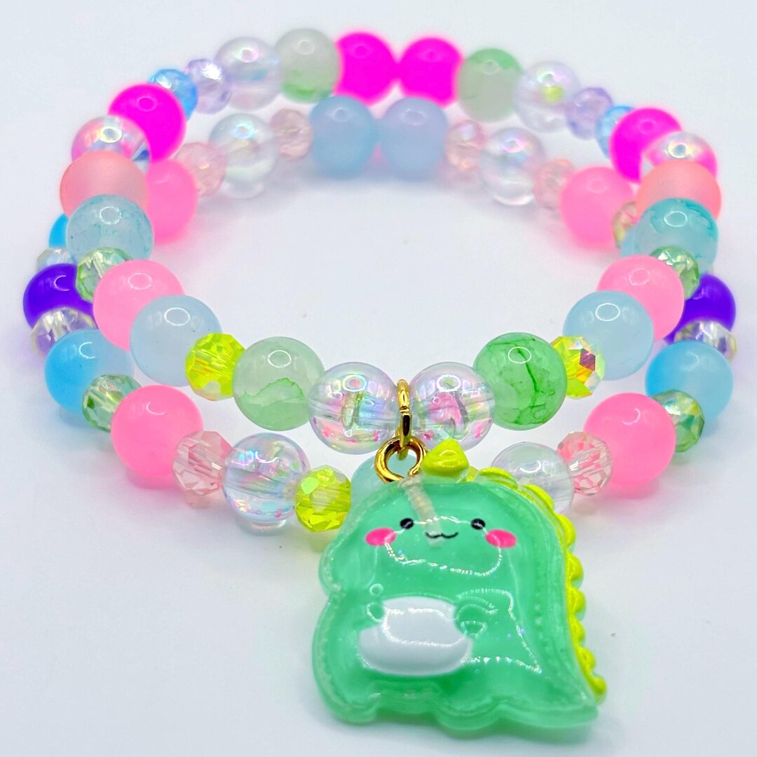 Pastel Dino Bracelet Set – Kawaii Dinosaur Charm Stack – Rainbow ...
