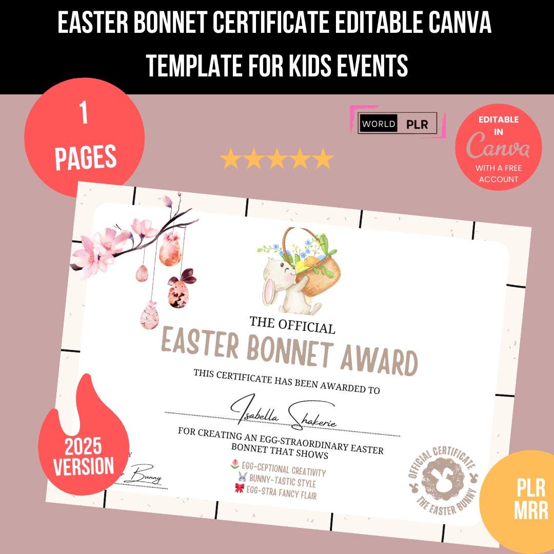 Easter Bonnet Certificate Editable Canva Template for Kids Events - Etsy