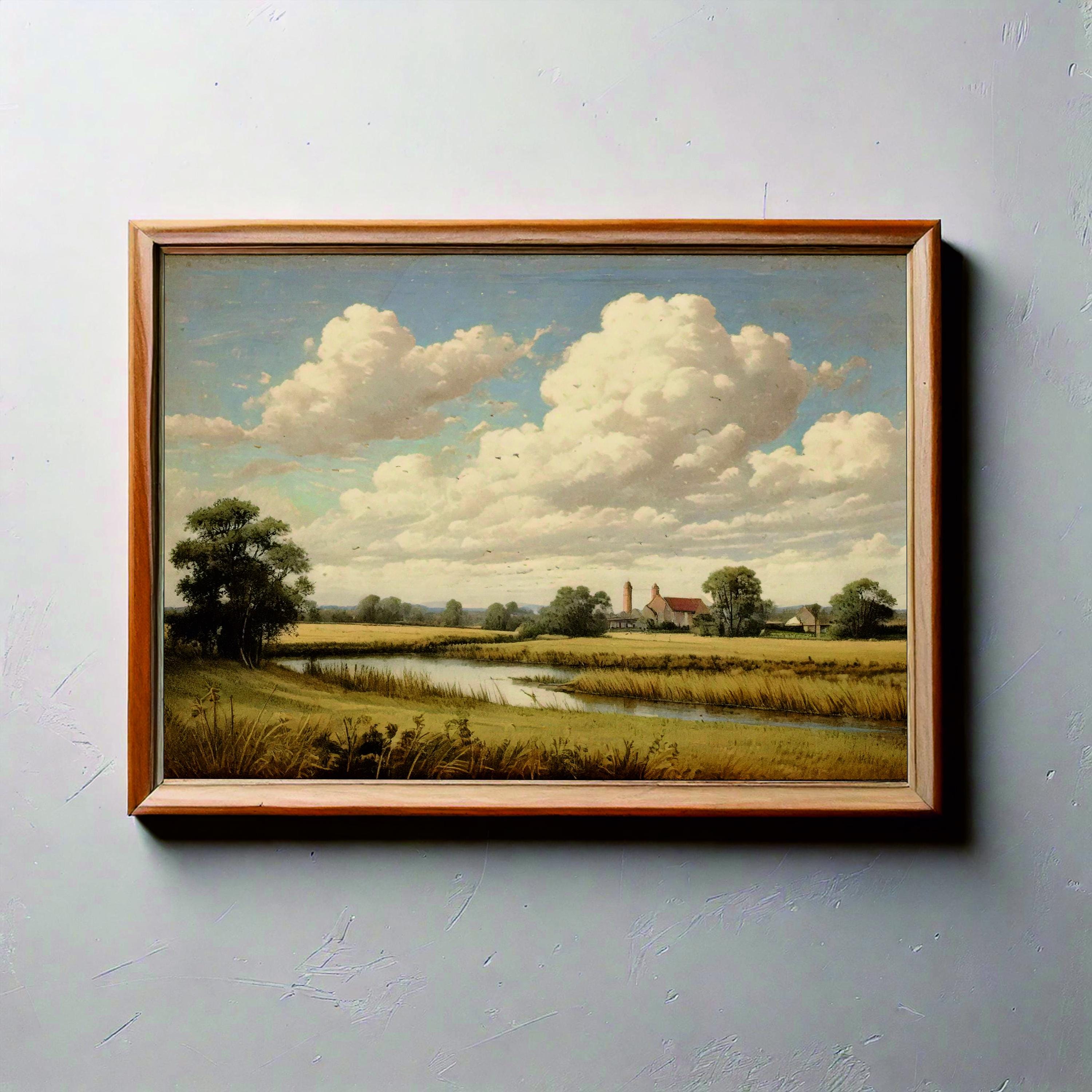 Wall Decor Vintage Countryside Landscape - Rustic Farmhouse and River ...