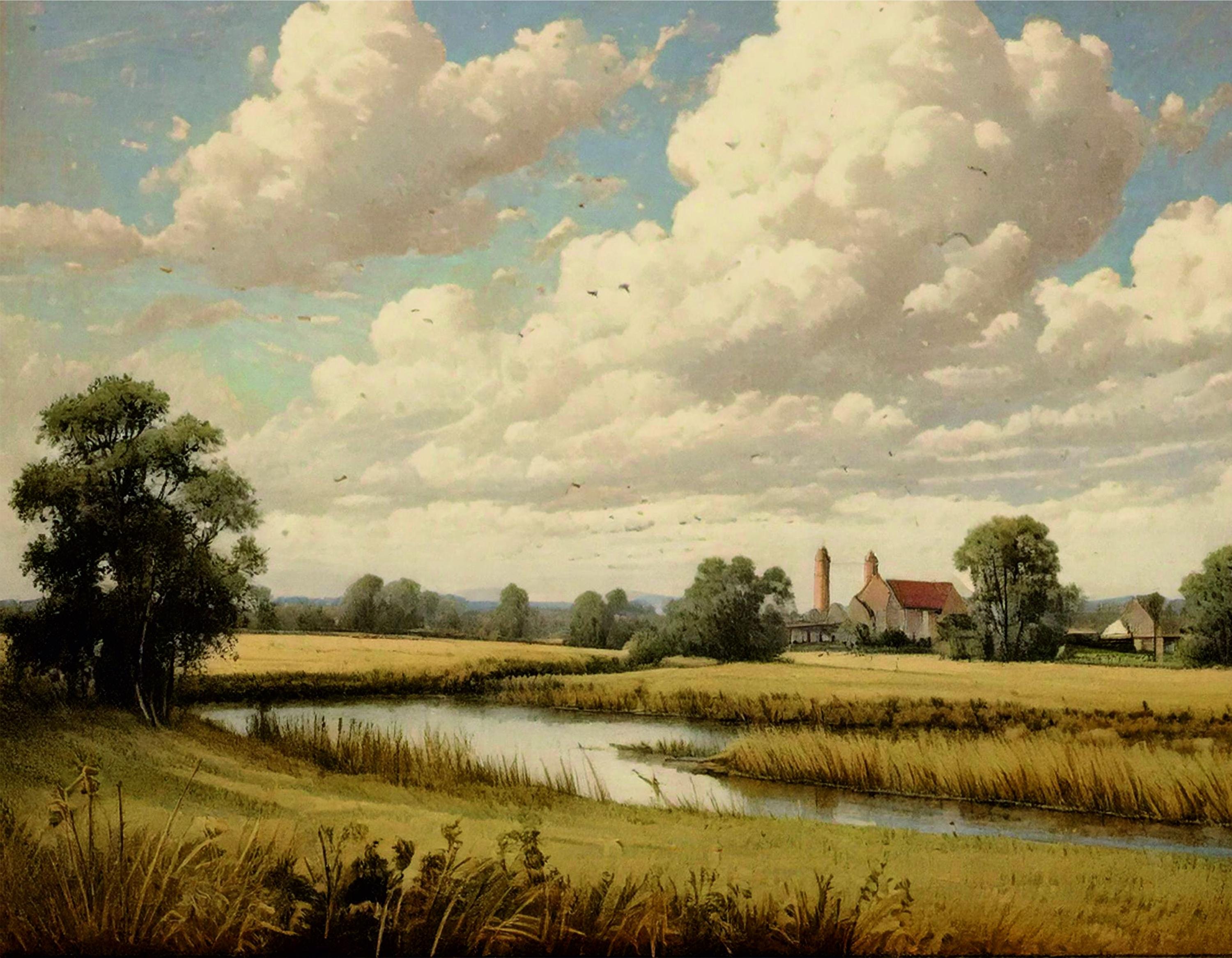 Wall Decor Vintage Countryside Landscape - Rustic Farmhouse and River ...