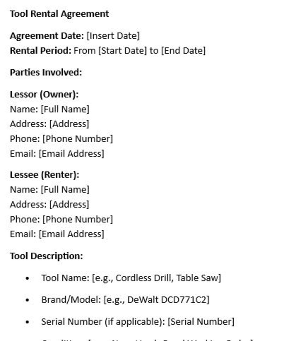 Tool Rental Agreement Template, Printable Rental Form, Instant Download ...
