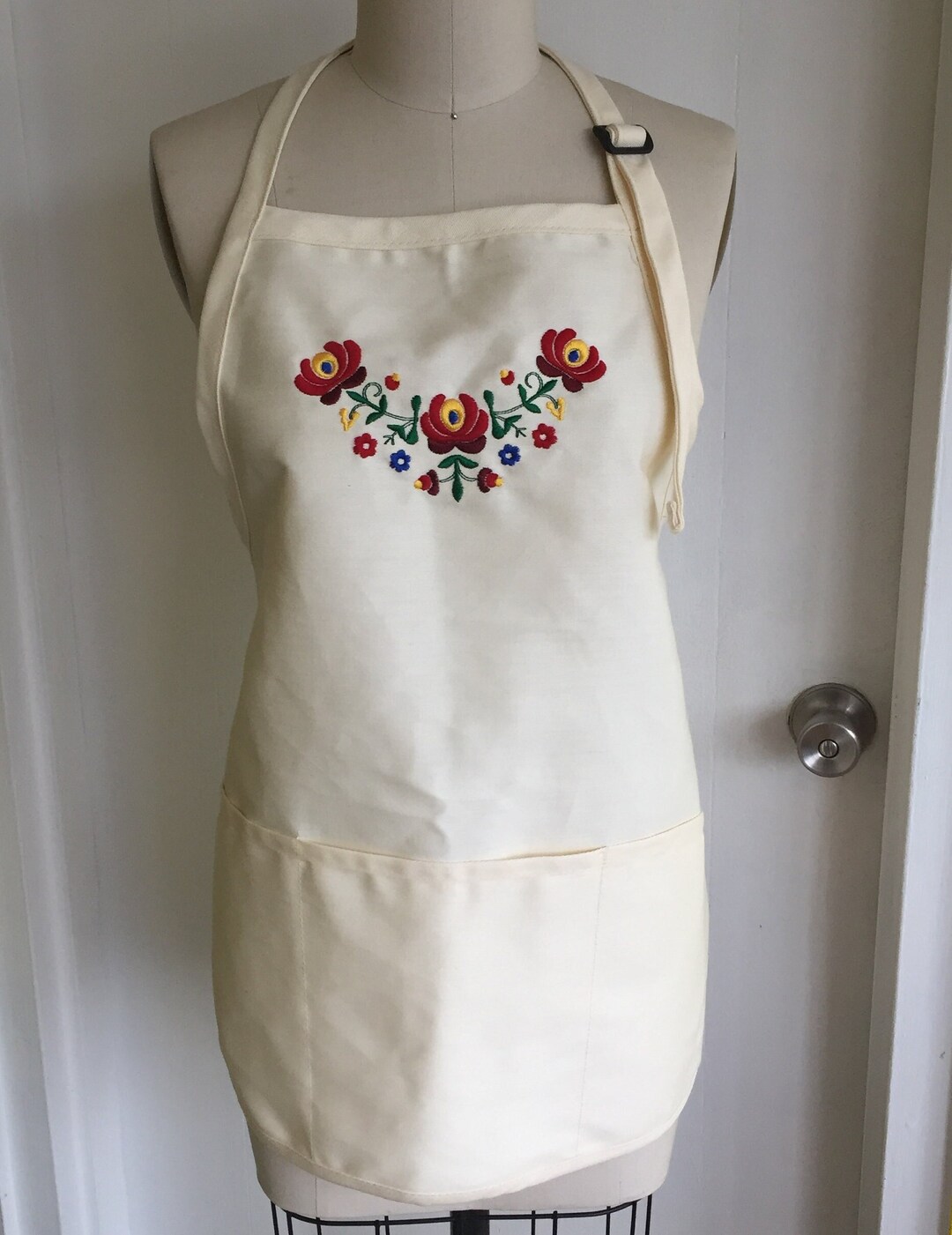 Hungarian Matyo Embroidered Apron in Stock Natural Canvas Adjustable W ...