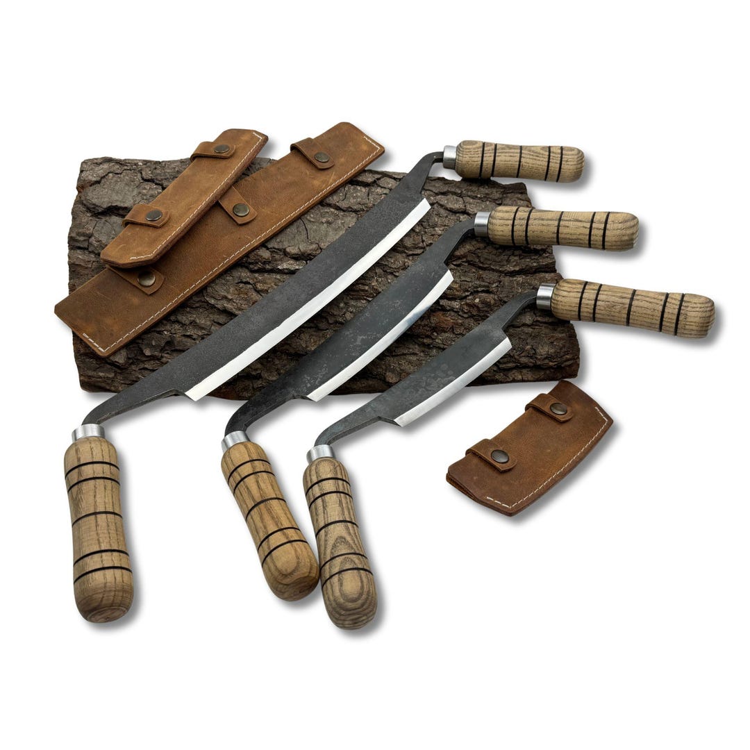Draw Knives – Hand-forged 52100 Steel Blades, Ash Wood Handles, Leather ...