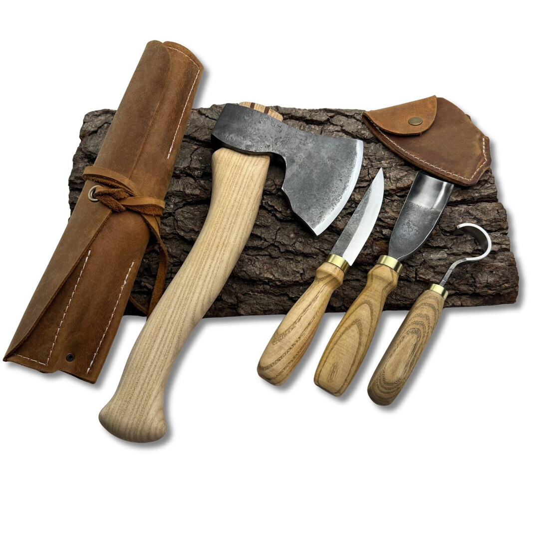 Spoon Carving Tool Set 4-piece – Hand-forged Carving Tools, Ash Handles ...