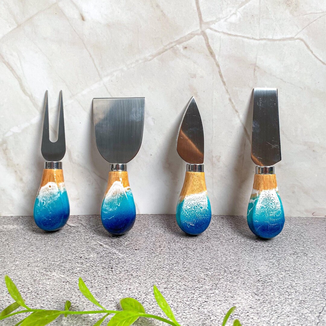 Ocean Wave Cheese Knife Set, Handmade Resin and Woof Cheese Knives ...