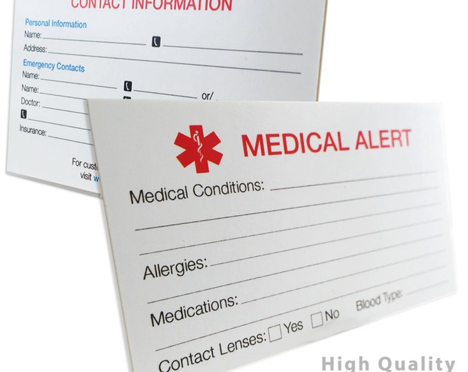 Medical Alert Identification Card Thick 400lb Card Stock | Etsy