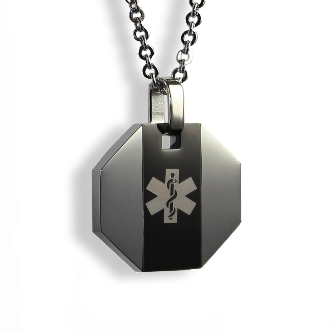Medical Alert ID Necklace, Stainless Steel, Custom Engraved, Black ...